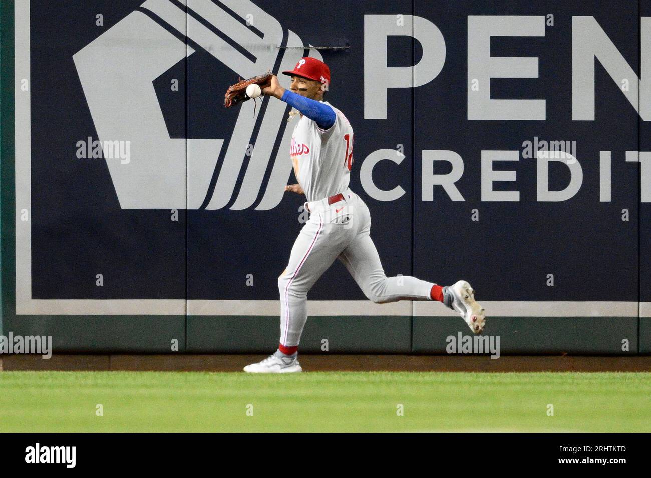Philadelphia Phillies center fielder Johan Rojas commits a fielding ...