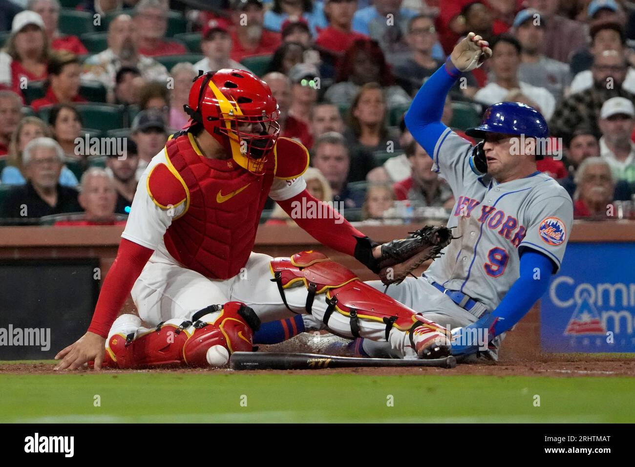 New York Mets' Brandon Nimmo (9) scores past St. Louis Cardinals ...