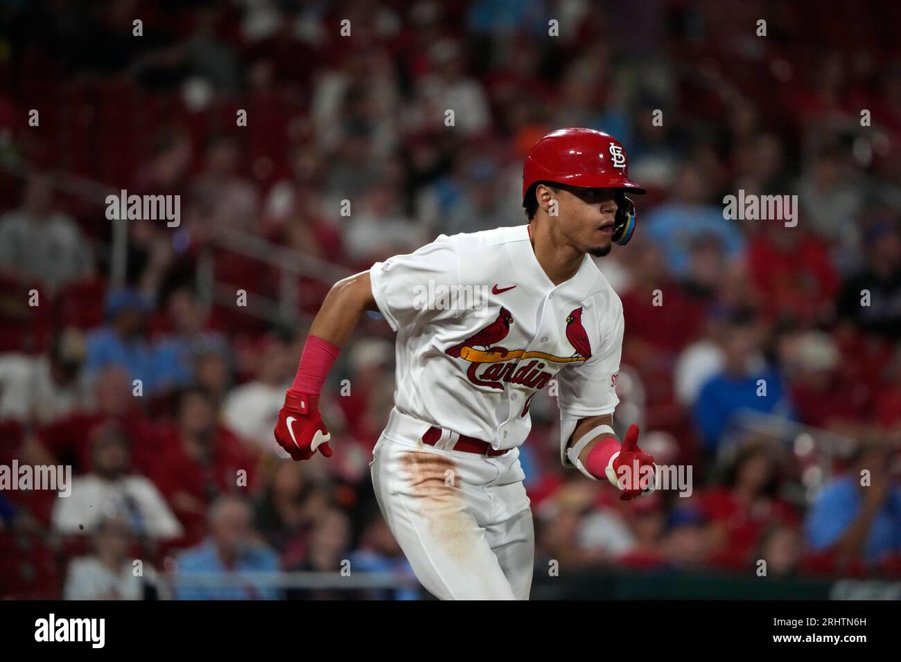 St. Louis Cardinals' Masyn Winn grounds out during the seventh inning ...