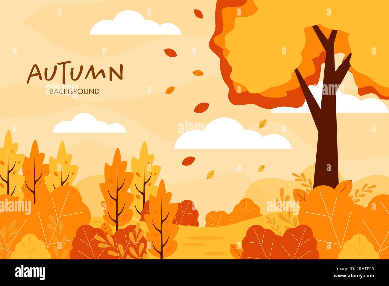 vector flat design autumn background illustration with leaves and tree ...