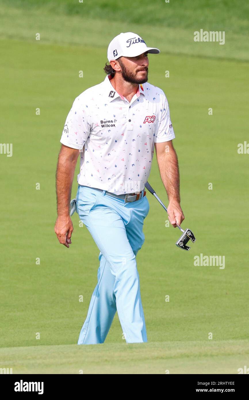 OLYMPIA FIELDS, IL - AUGUST 18: PGA golfer Max Homa walks the 18th hole during the second round ...