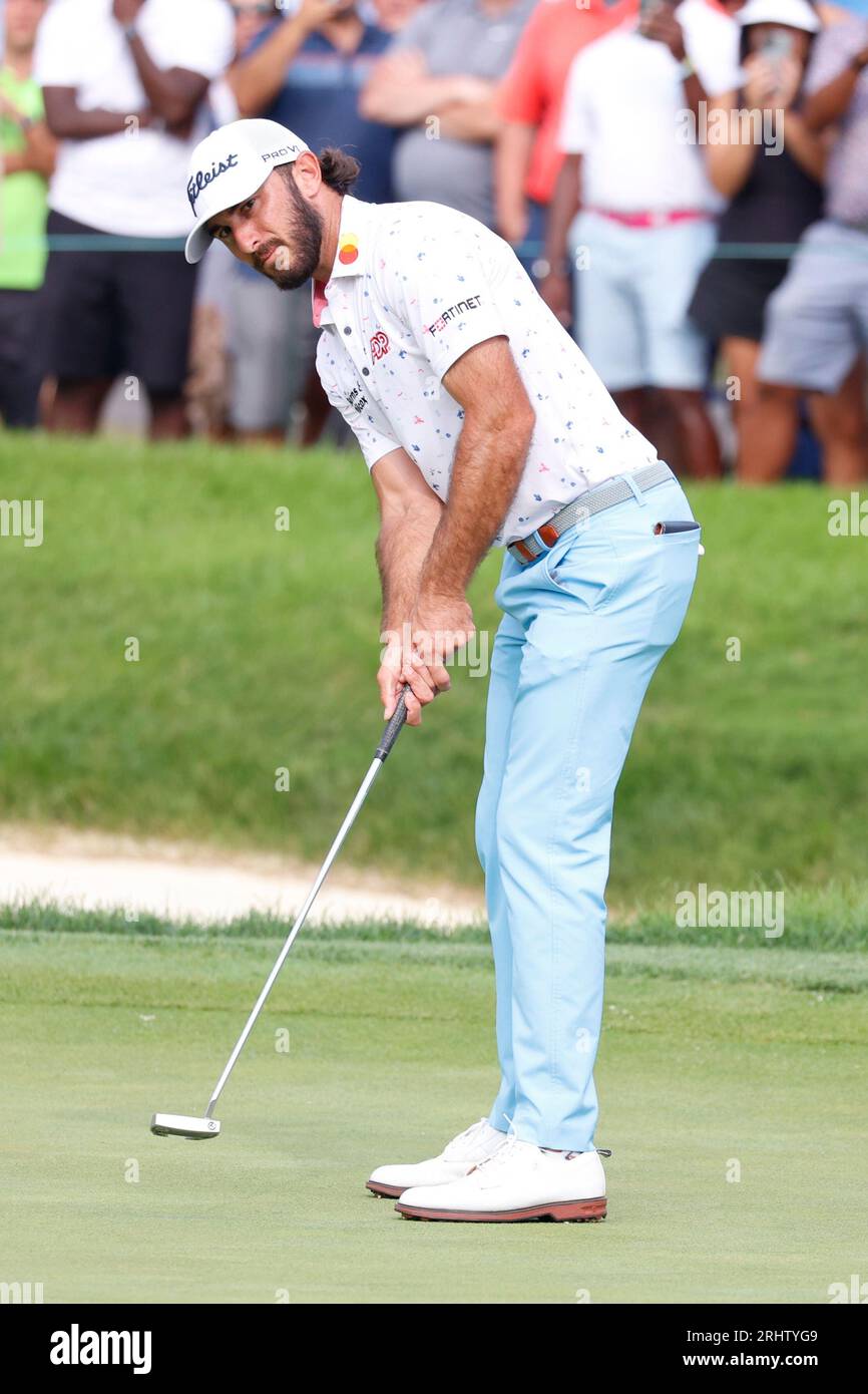 OLYMPIA FIELDS, IL - AUGUST 18: PGA golfer Max Homa putts on the 18th hole during the second ...