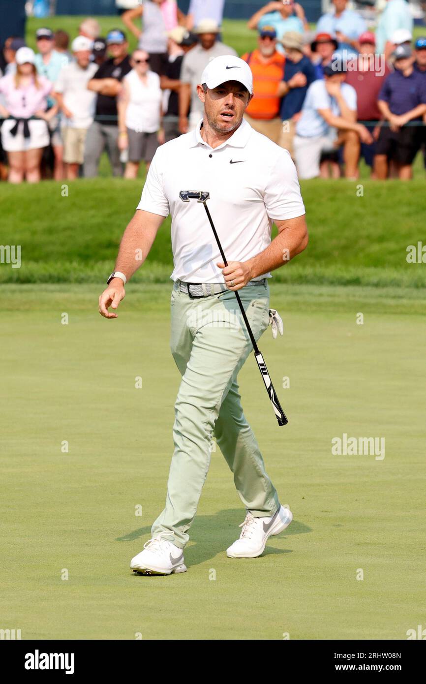 OLYMPIA FIELDS, IL - AUGUST 18: PGA golfer Rory McIlroy reacts to missing a birdie putt on the ...