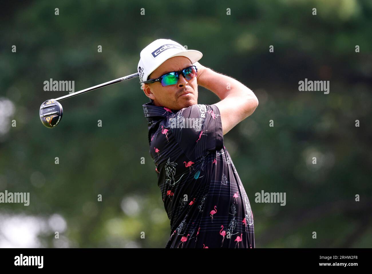 OLYMPIA FIELDS, IL - AUGUST 18: PGA golfer Rickie Fowler hits his tee shot on the 8th hole ...
