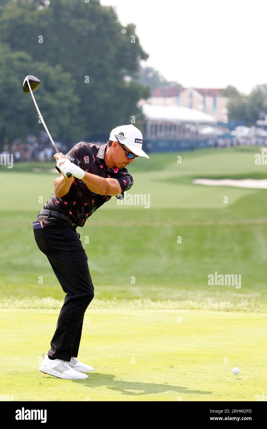 OLYMPIA FIELDS, IL - AUGUST 18: PGA golfer Rickie Fowler hits his tee shot on the 9th hole ...