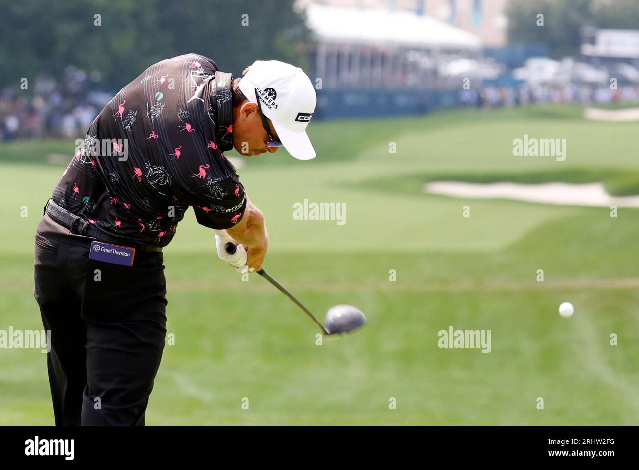 OLYMPIA FIELDS, IL - AUGUST 18: PGA golfer Rickie Fowler hits his tee shot on the 9th hole ...