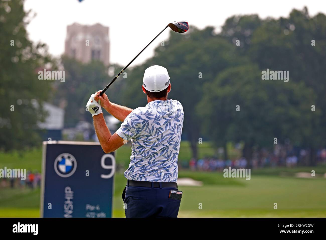 OLYMPIA FIELDS, IL - AUGUST 18: PGA golfer Keegan Bradley hits his tee shot on the 9th hole ...
