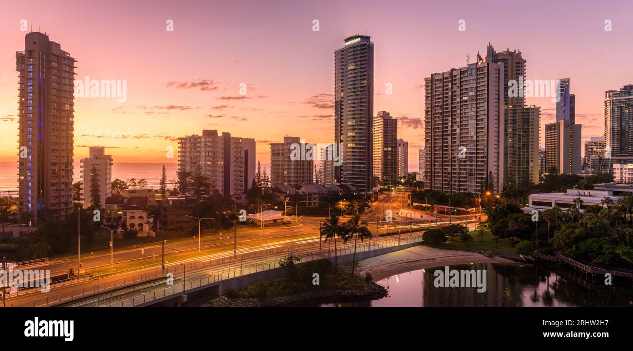 A spectacular sunrise illuminates the Surfers paradise high-rise ...