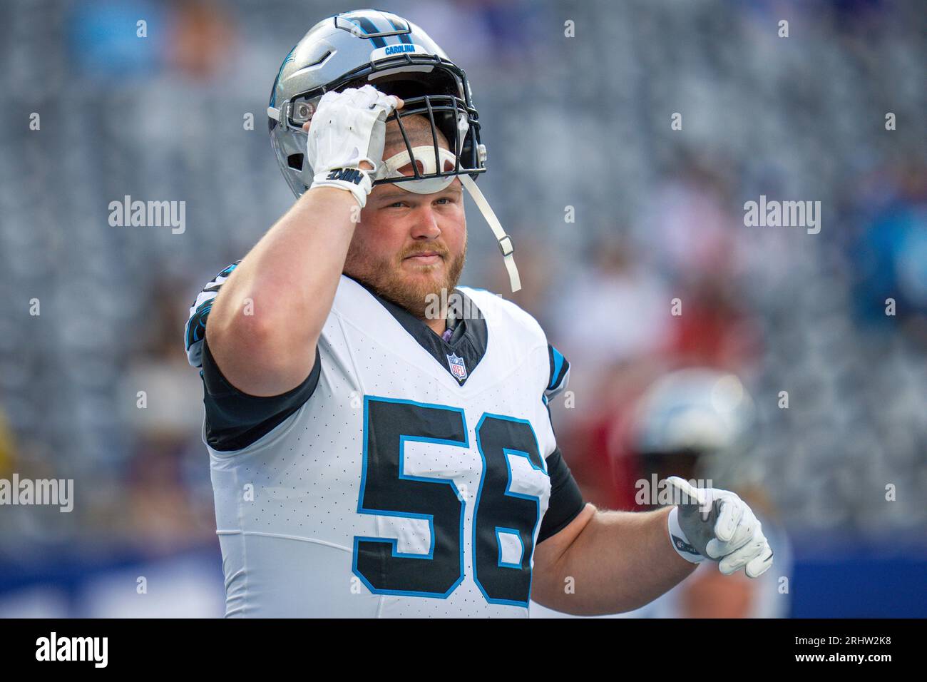 Carolina Panthers center Bradley Bozeman (56) warms up before an NFL ... Carolina Panthers center Bradley Bozeman (56) warms up before an NFL ...