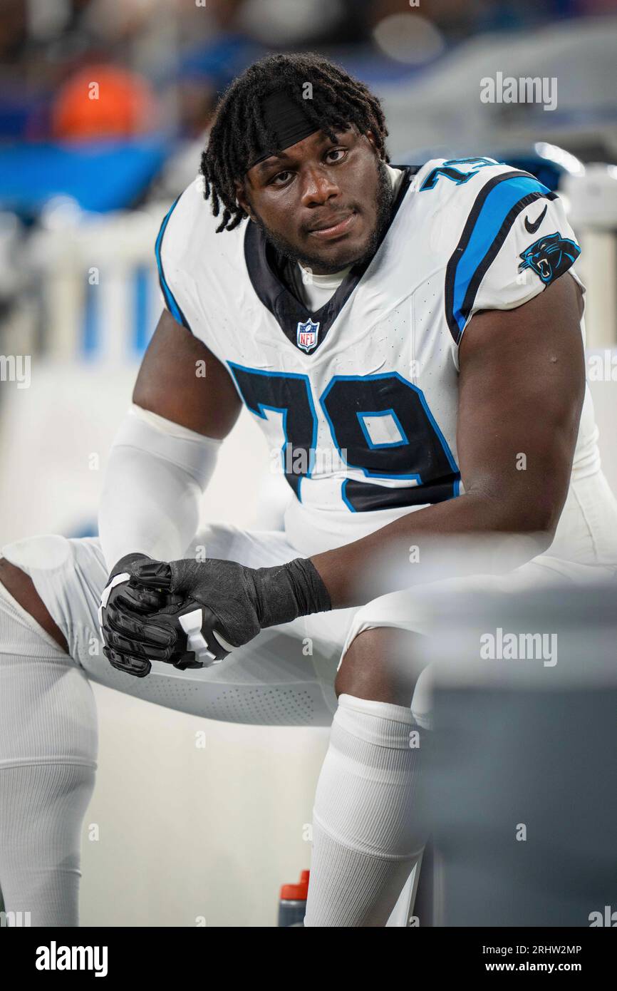 Carolina Panthers offensive tackle Ikem Ekwonu (79) relaxes on the ...