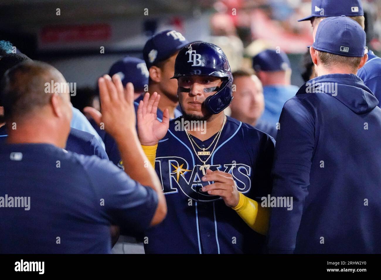 Tampa Bay Rays' Isaac Paredes celebrates in the dugout after scoring on ...