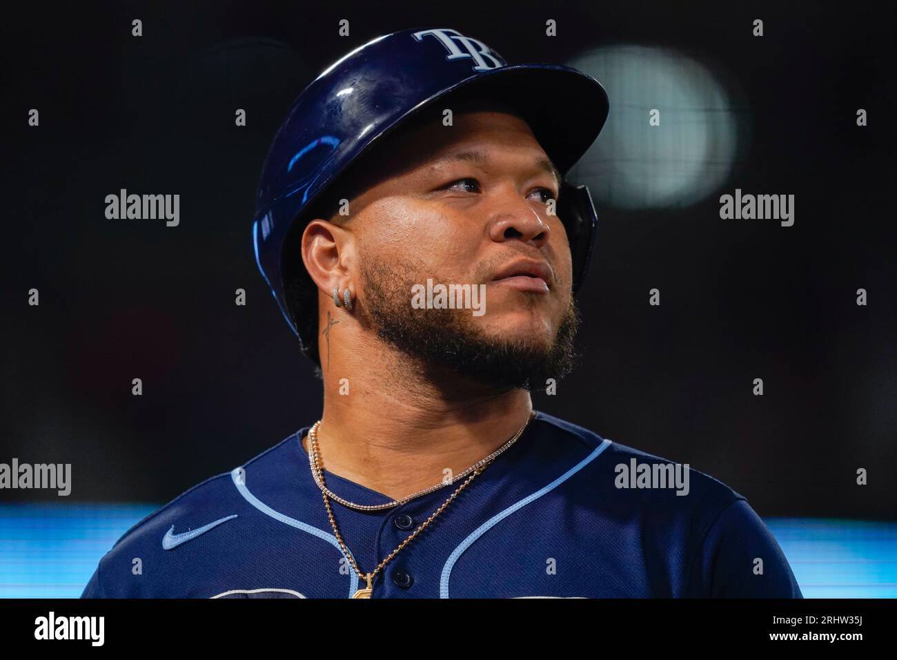 Tampa Bay Rays' Harold Ramirez looks at the replay board after ...