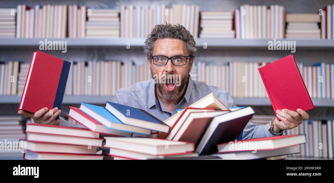 overwork of bookworm. teacher genius in school library. genius studying ...