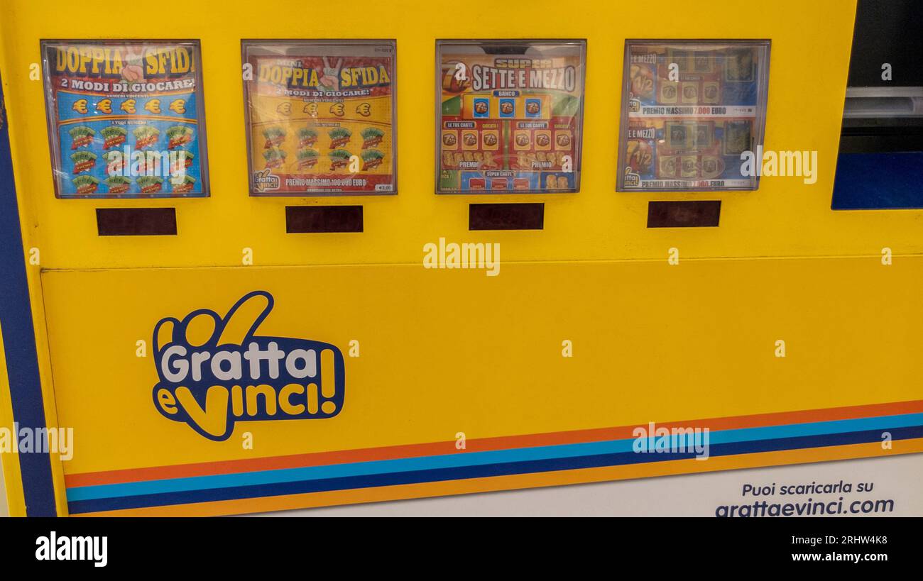 Milan , Italy - 08 17 2023 : Gratta e vinci lottery ticket machine logo ...