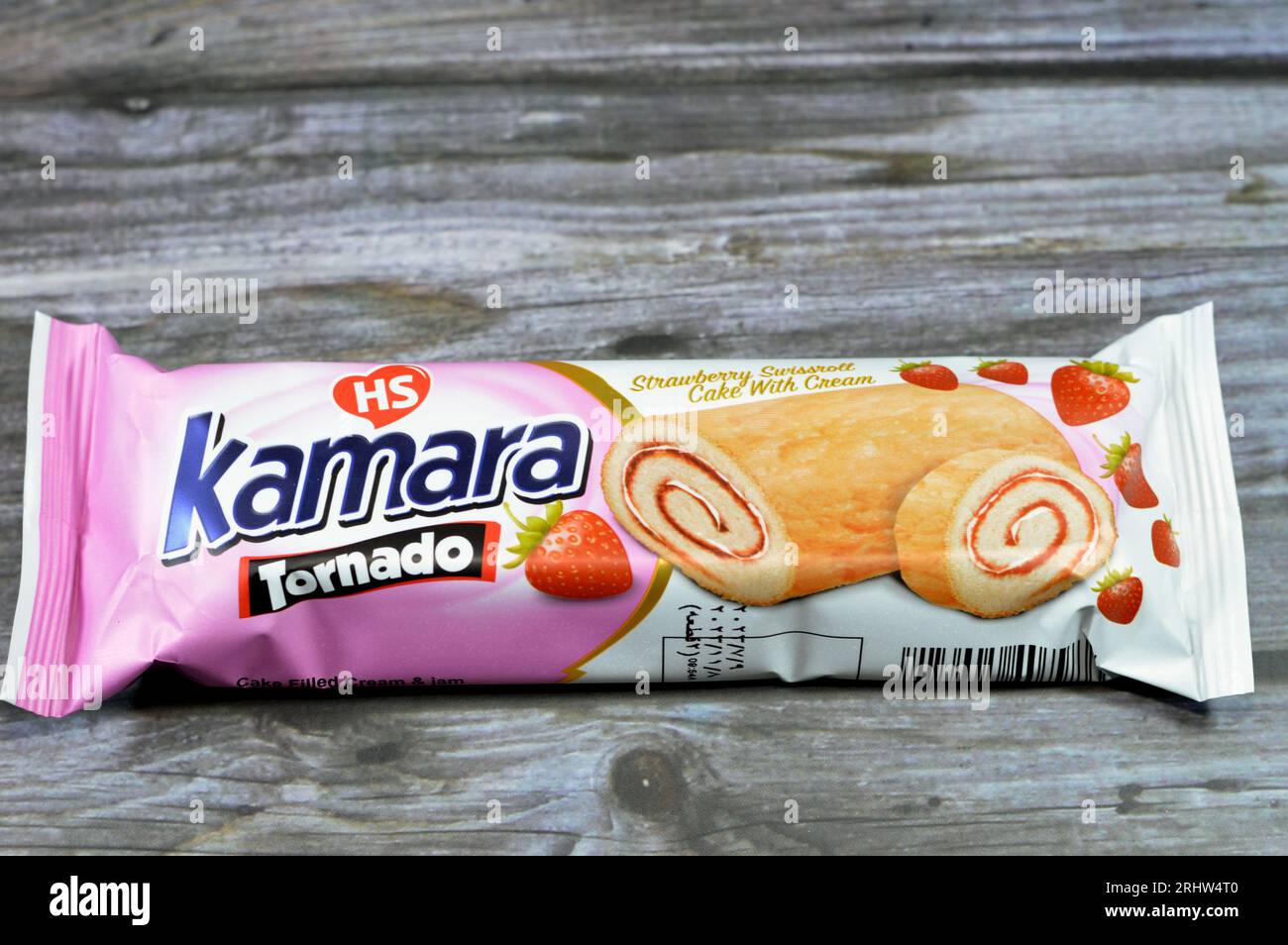 Cairo, Egypt, August 4 2023: Kamara tornado swiss roll cake filled ...