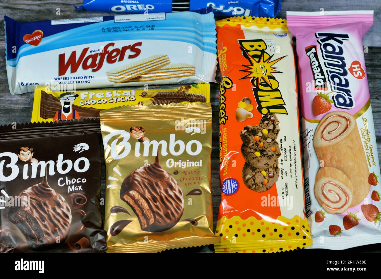 Cairo, Egypt, August 4 2023: collection of candy and sweets, Bisco Misr ...