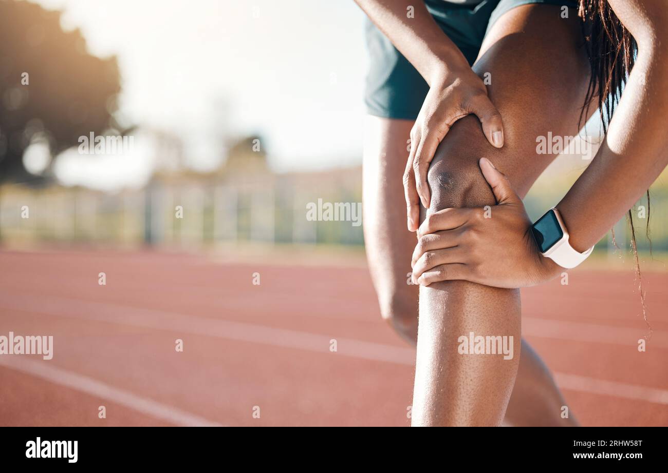 Person with knee pain, runner and injury with fitness outdoor, health ...
