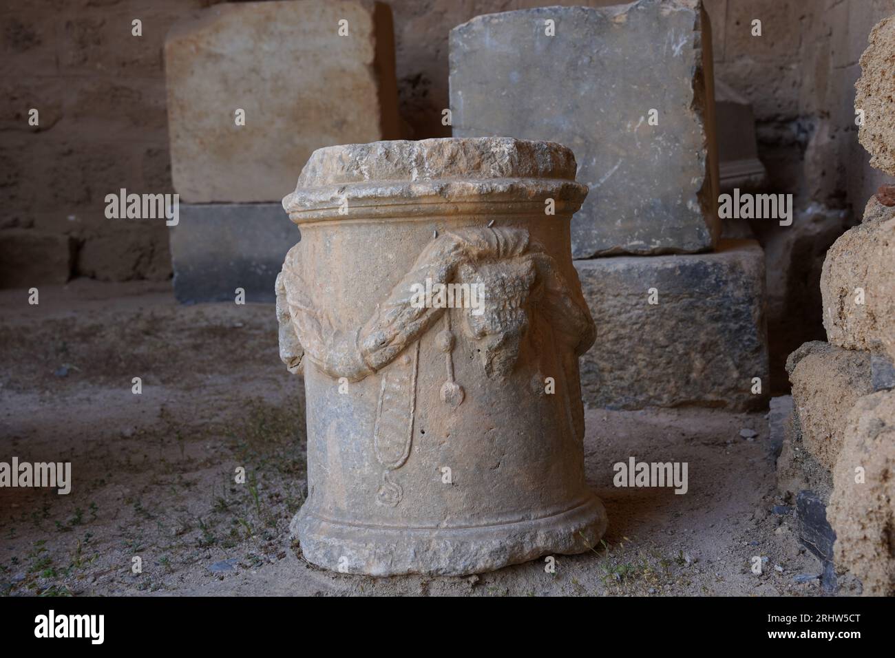 Ancient Greek columns parts at the archaeological site of Lindos ...
