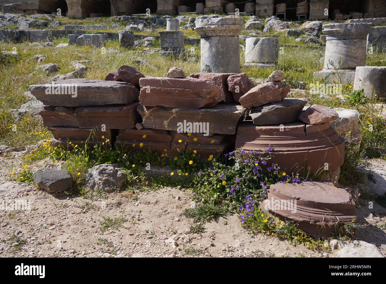 Ancient Greek columns parts at the archaeological site of Lindos ...