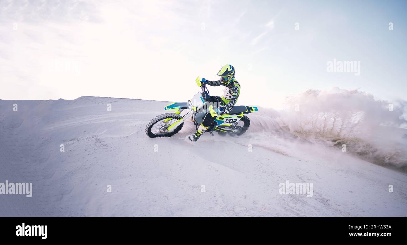 Motorcycle, sand and mockup with a sports man riding a vehicle in the ...