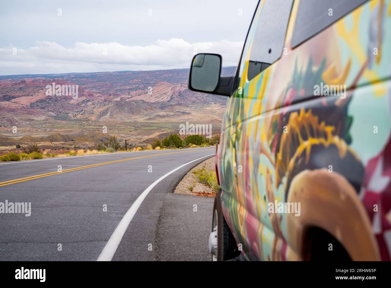 rear view of van in desert landscape of usa Stock Photo - Alamy
