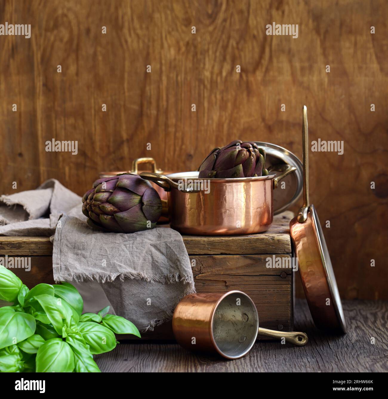 copper cookware saucepan ladle frying pan rustic style Stock Photo - Alamy