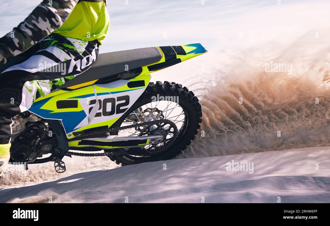 Sports, sand and person on motorbike in action for training, workout ...