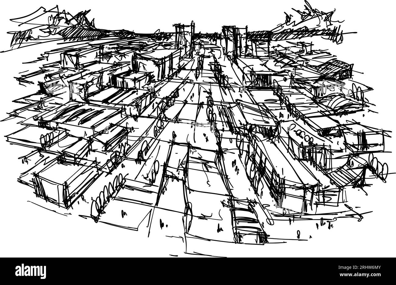hand drawn architectectural of giant endless urban stucture or city ...