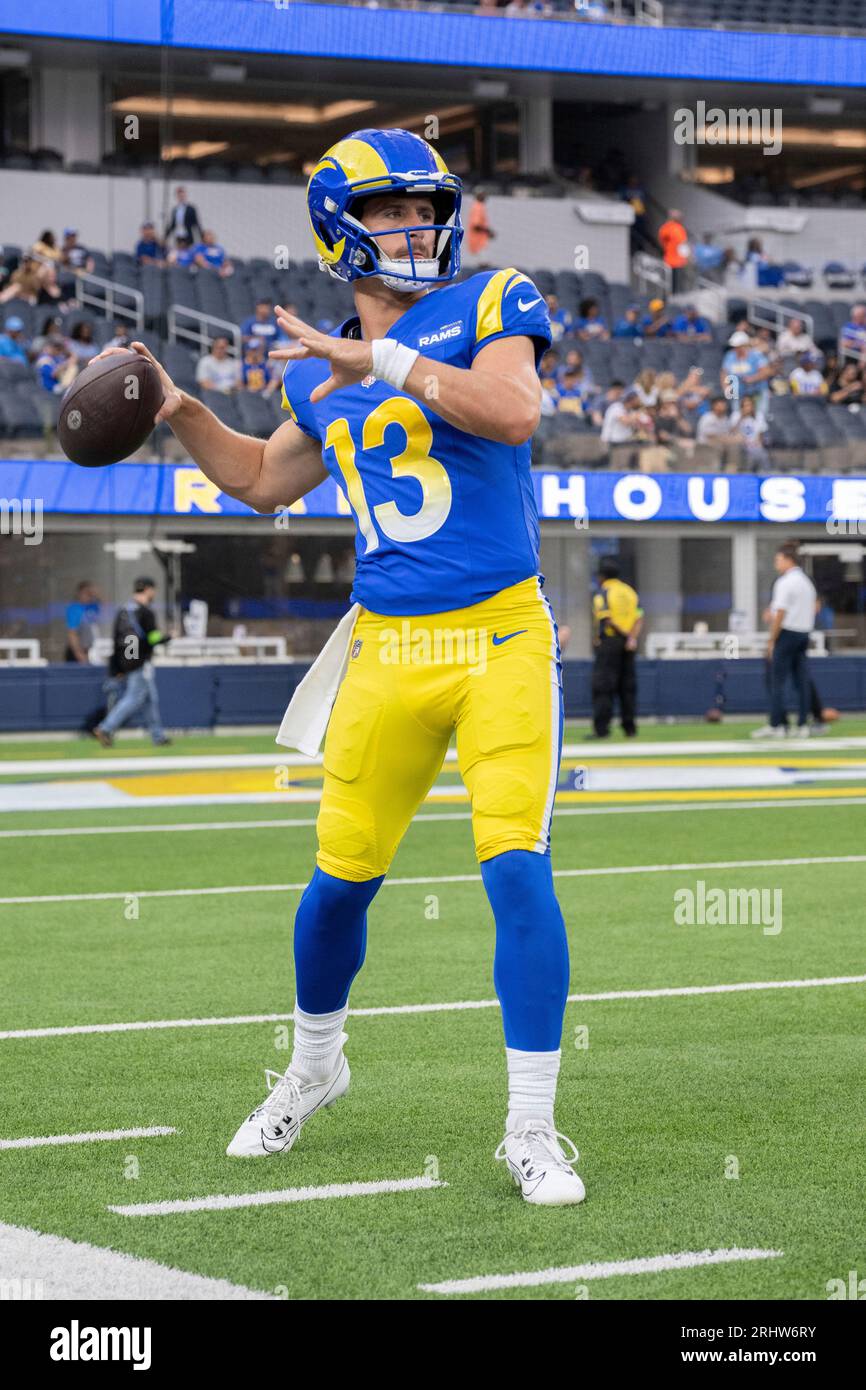 Los Angeles Rams quarterback Stetson Bennett (13) throws a pass before ...