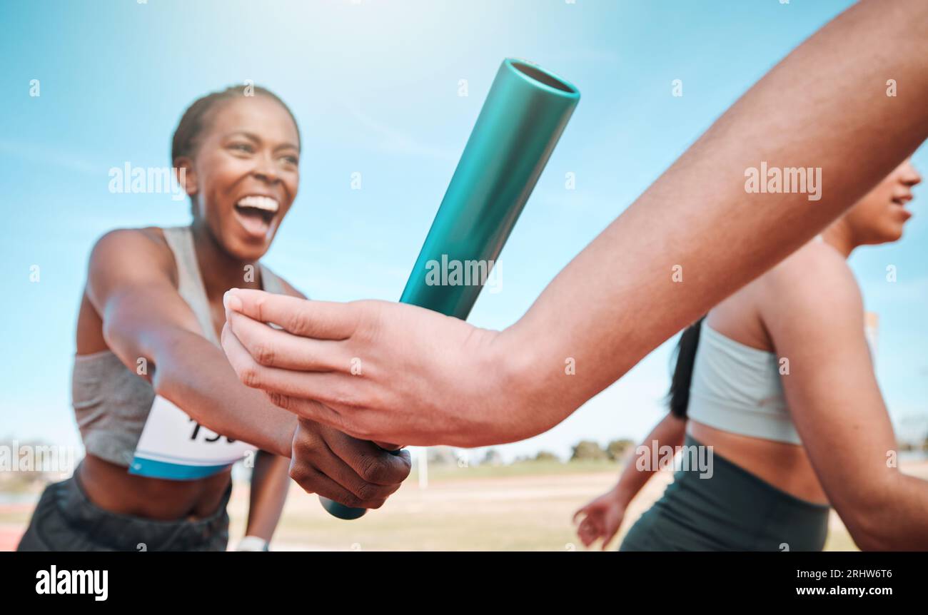 Woman, team and running with baton in relay, marathon or sports fitness ...