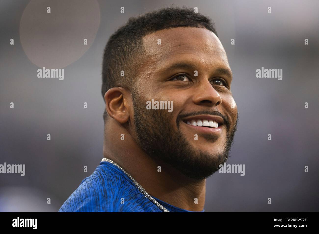 Los Angeles Rams defensive tackle Aaron Donald (99) smiles towards the ...
