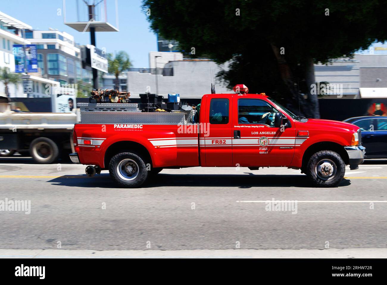 Ford fire truck responding to a 911 call out or shout in Los Angeles ...