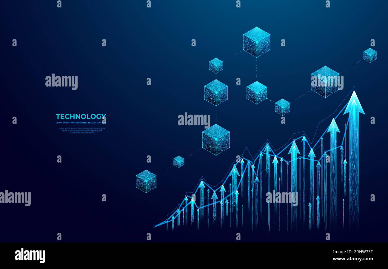 Blockchain hologram and growth graph chart consist of glowing arrows ...