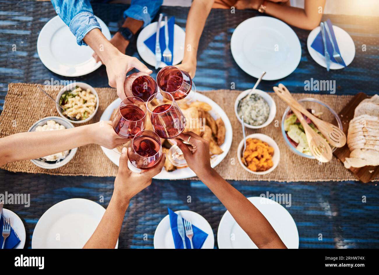 Toast, food or top of friends in restaurant to relax on holiday ...