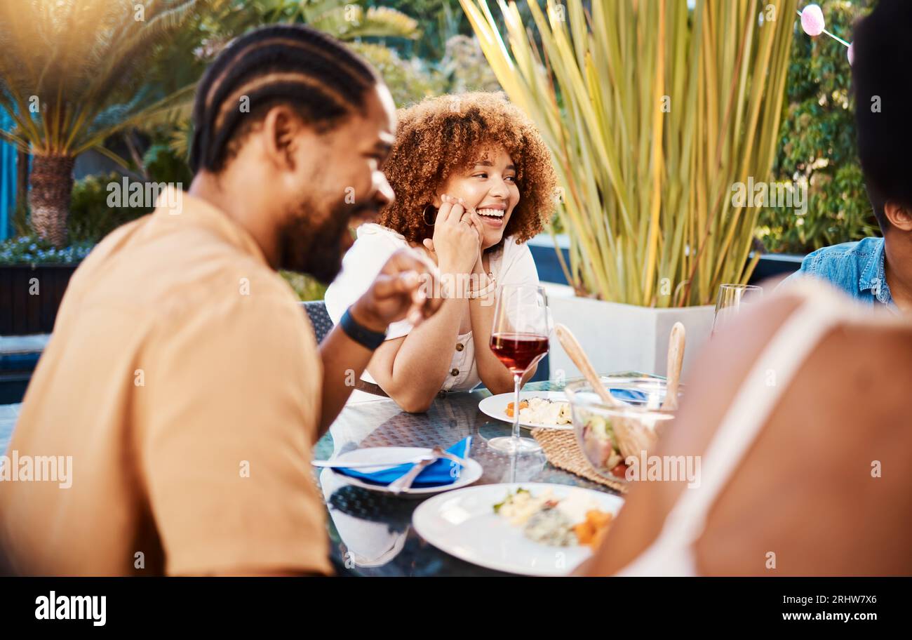 Funny, lunch and friends with food, smile and humor with conversation ...