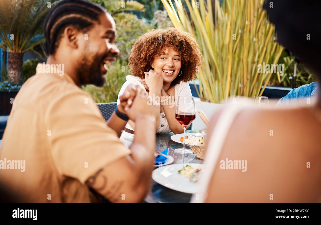 Talking, lunch and friends with food, smile and funny with conversation ...