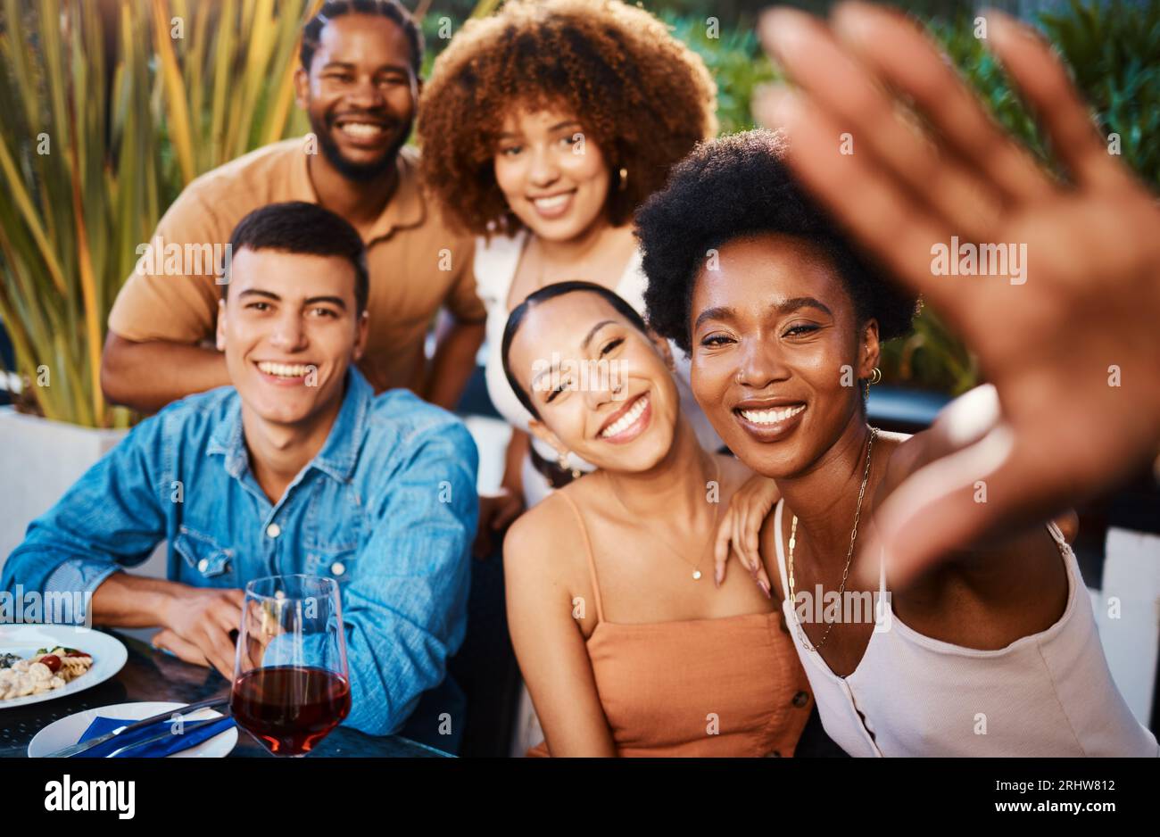 Smile, portrait and selfie of friends at restaurant, bonding and happy ...