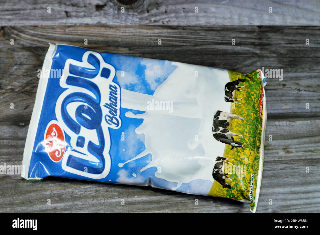 Cairo, Egypt, August 11 2023: Belhana full cream fresh cow's milk ...