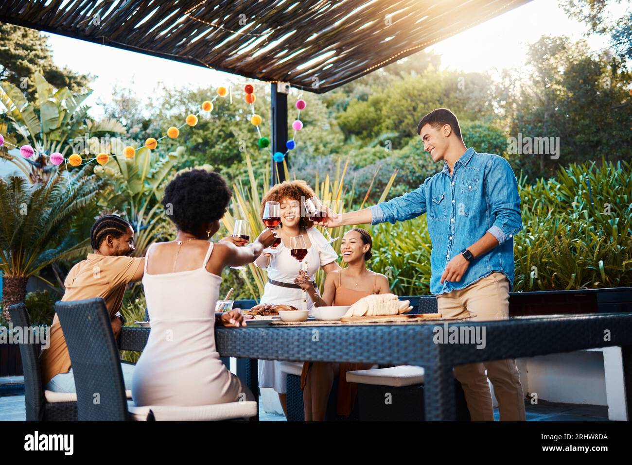 Cheers, wine and friends at dinner in garden at party and celebration ...