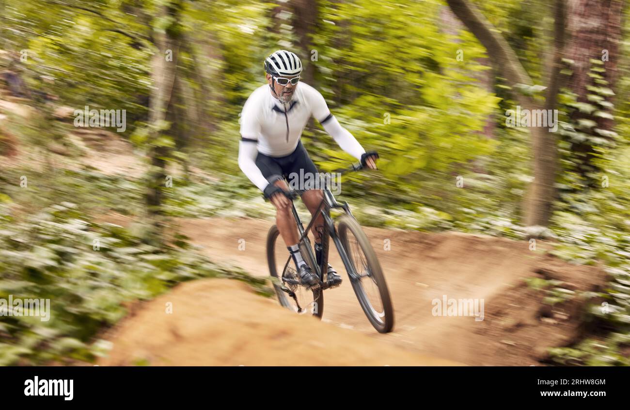 Nature cycling, bicycle and sports man travel, ride and journey on off ...