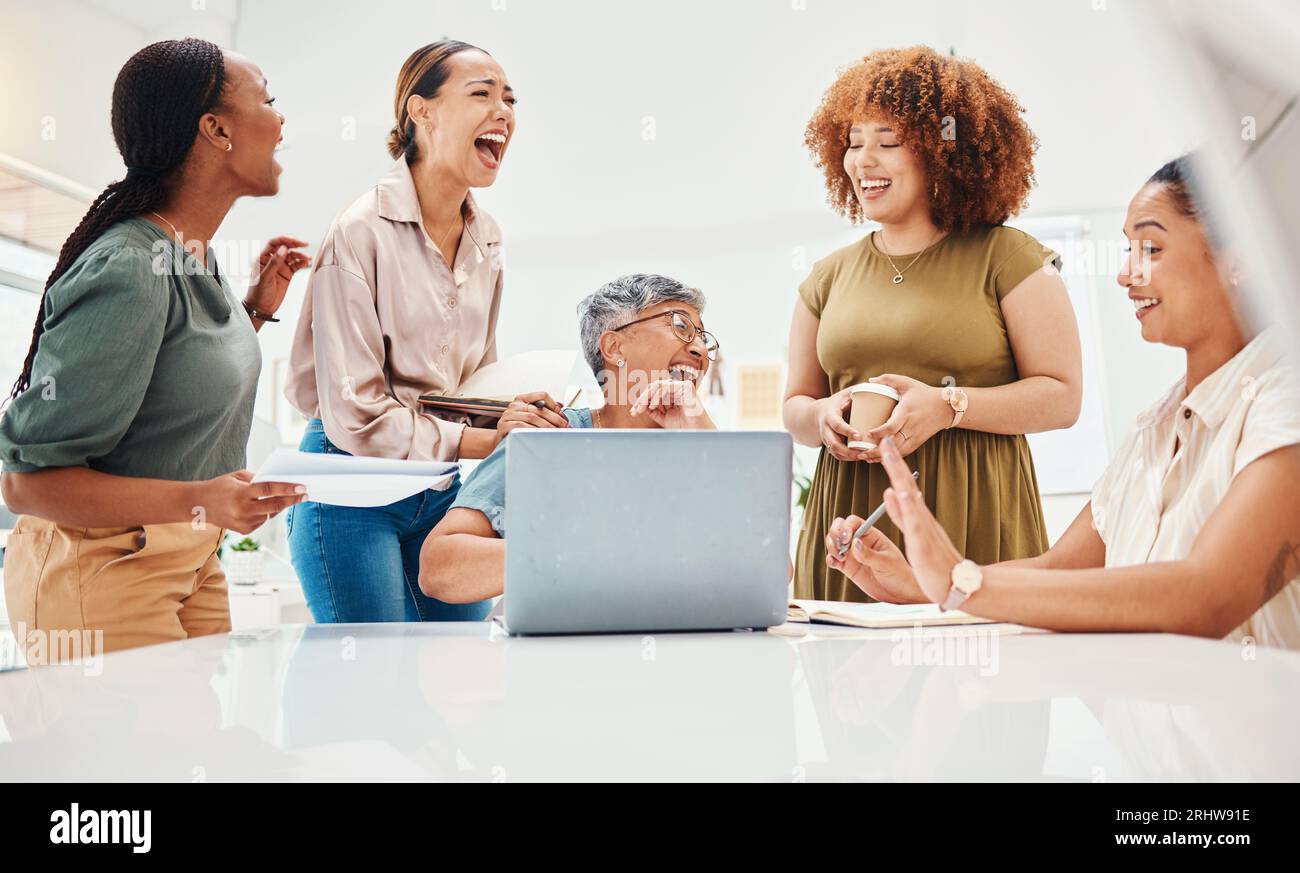 Meeting, laptop and business women in discussion in the office excited ...