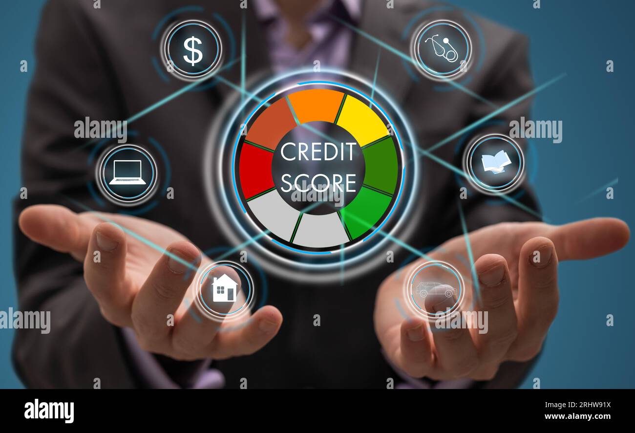 Credit report score button on virtual screen. Business Finance concept ...