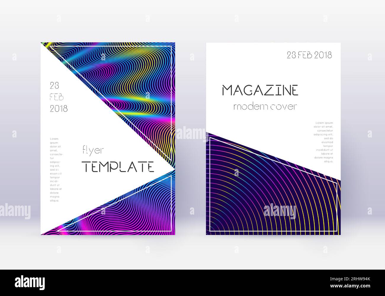 Triangle cover design template set. Rainbow abstract lines on dark blue ...