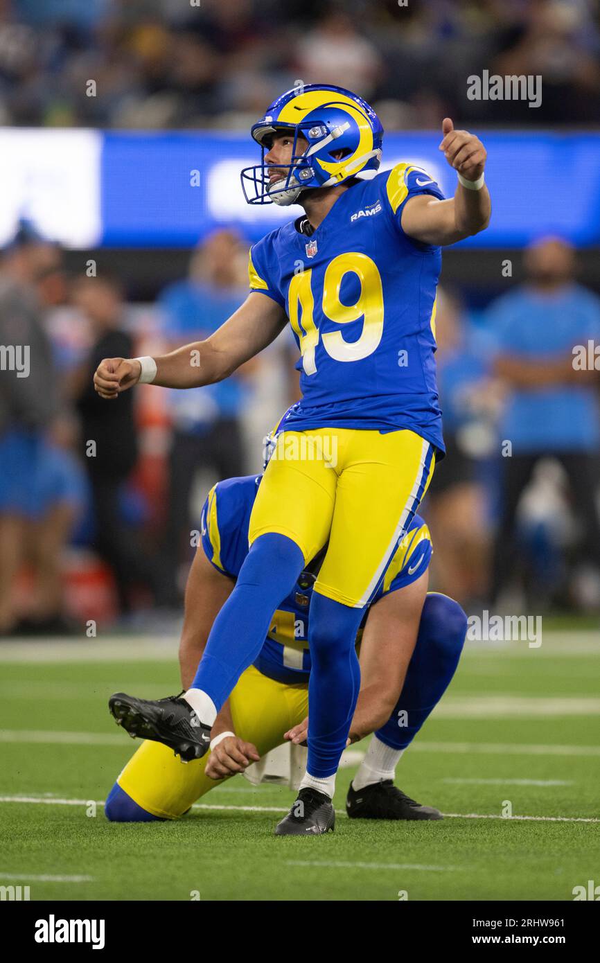 Los Angeles Rams place kicker Tanner Brown (49) watches his field goal ...