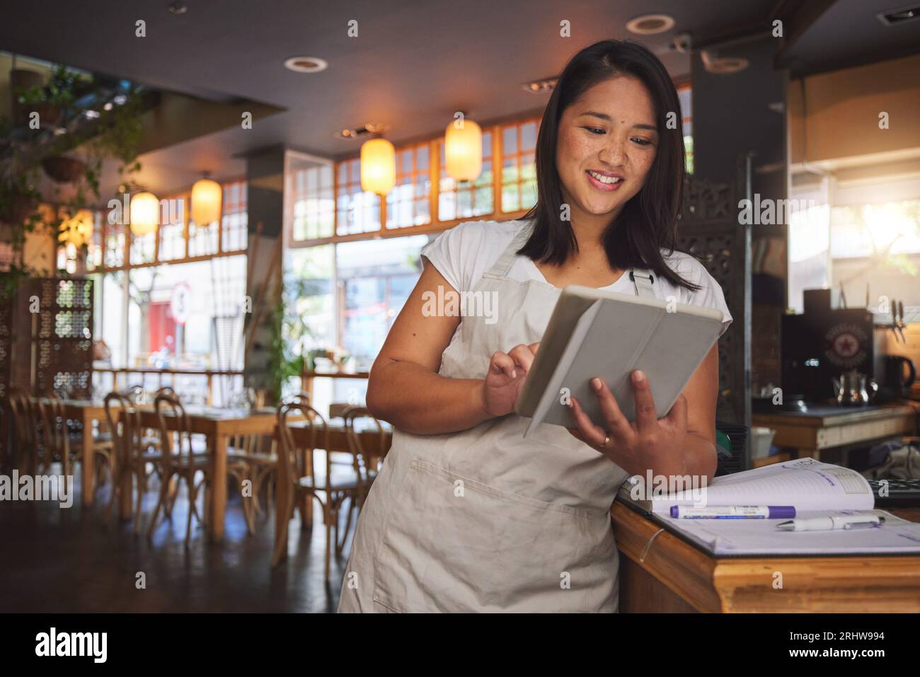 Restaurant, coffee shop and woman online on tablet for food service ...