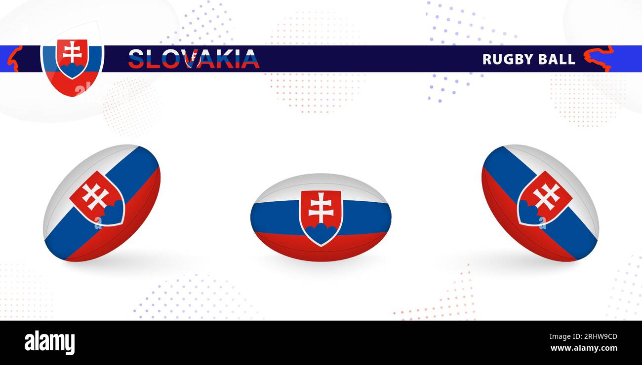 Rugby ball set with the flag of Slovakia in various angles on abstract ...