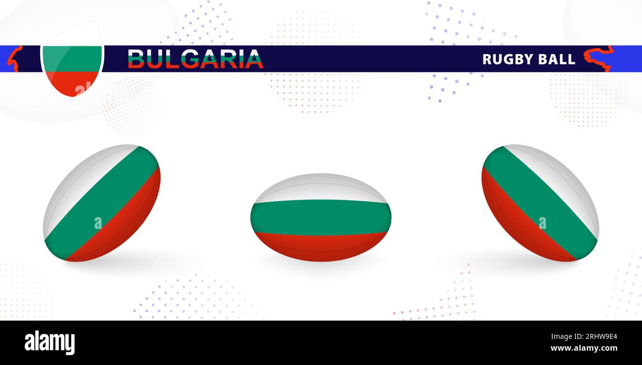 Rugby ball set with the flag of Bulgaria in various angles on abstract ...