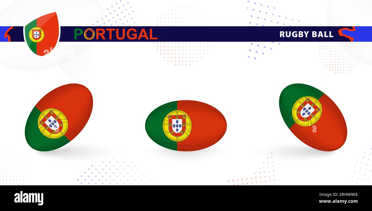 Rugby ball set with the flag of Portugal in various angles on abstract ...