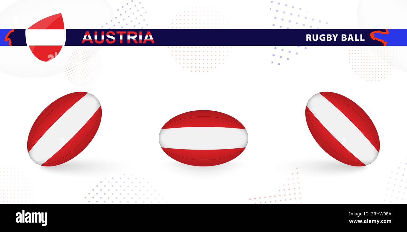 Rugby ball set with the flag of Austria in various angles on abstract ...