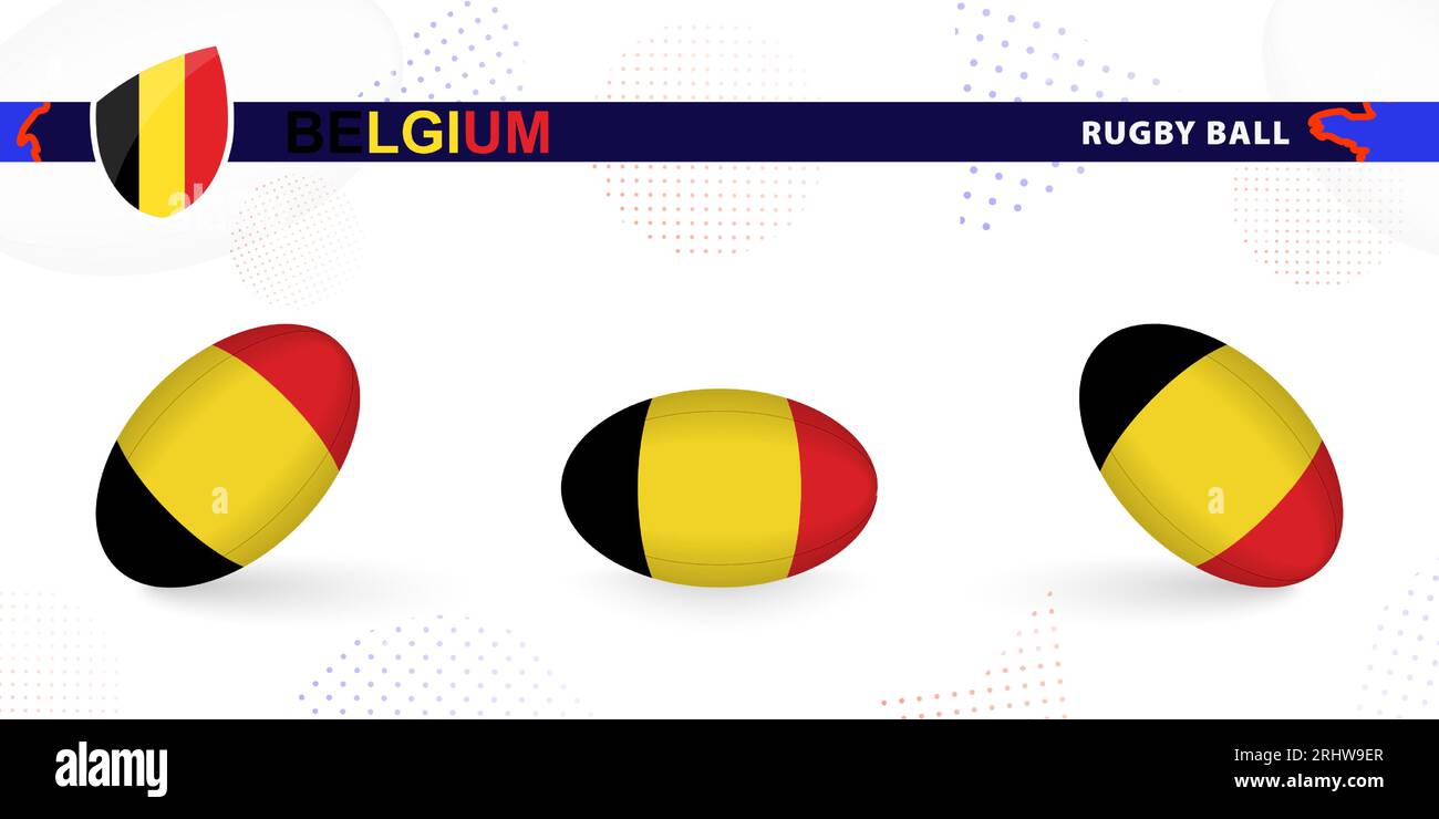 Rugby ball set with the flag of Belgium in various angles on abstract ...